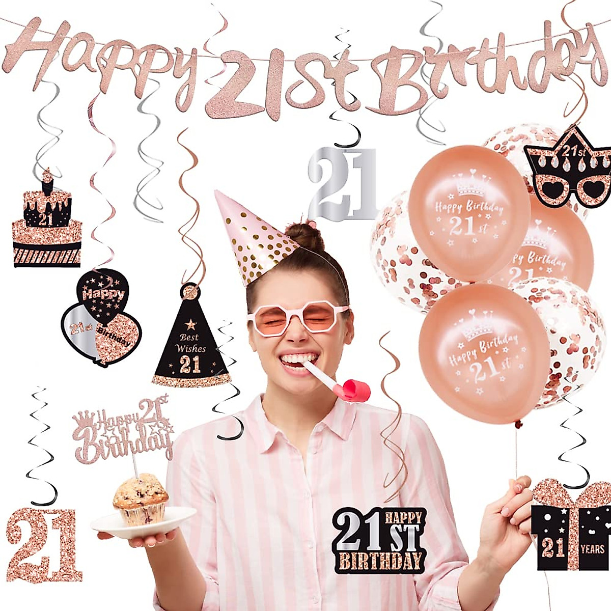 WOJOGO 21st Birthday Decorations For Her, Rose Gold & Black 21 Birthday Decorations Including 21st Birthday Banner Hanging Swirls Cake Topper Balloons for Party Supplies