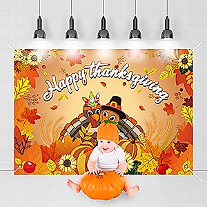 7x5ft Happy Thanksgiving Fabric Fall Photography Backdrop Autumn Leaves Pumpkin Turkey Sunflower Large Size Background for Fall Party Supplies Farm Harvest Event Banner Decoration Photo Booth Props