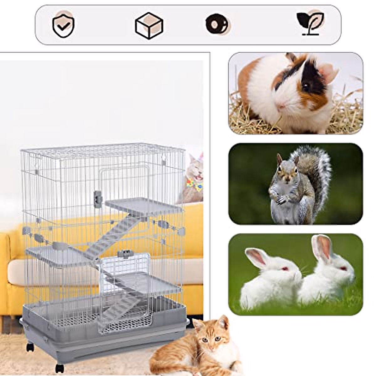 Gecheer 4-Tier 32" Small Animal Metal Cage Height Adjustable with Lockable Casters Grilles Pull-Out Tray for Rabbit Chinchilla Ferret Bunny Guinea Pig Squirrel Hedgehog Grey
