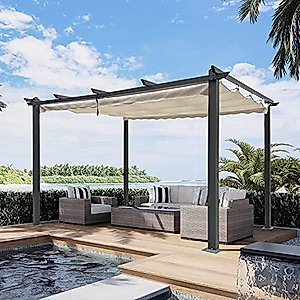 13 x 10 Ft Outdoor Patio Retractable Pergola with Canopy Sun shelter Pergola for Gardens, Terraces and Backyard (13 x 10 Ft, Light Brown)