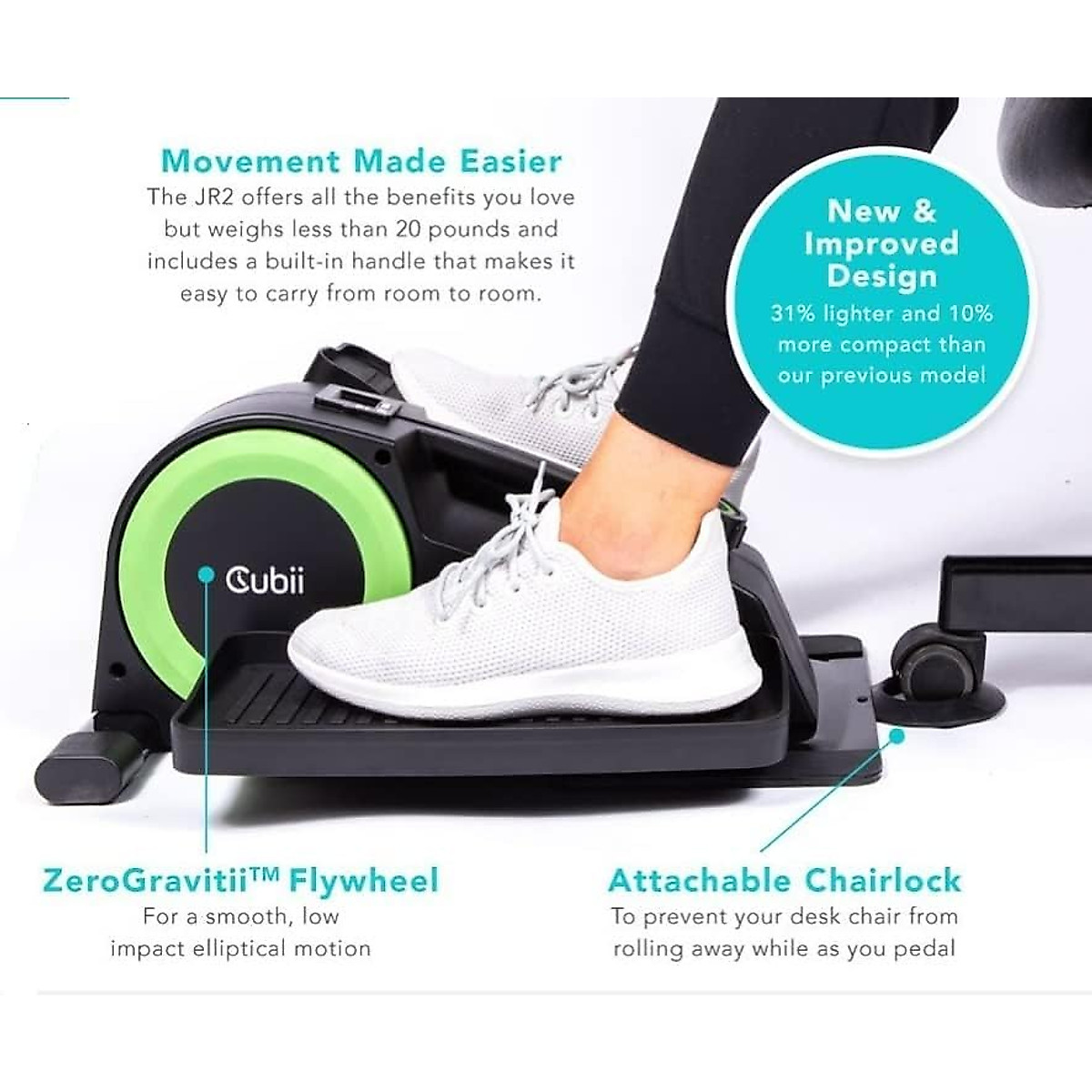 Cubii JR2, Under Desk Elliptical, Under Desk Bike Pedal Exerciser, Seated Elliptical, Work from Home Fitness, Mini Elliptical Machines for Home Use for Adults and Seniors Green (Renewed)