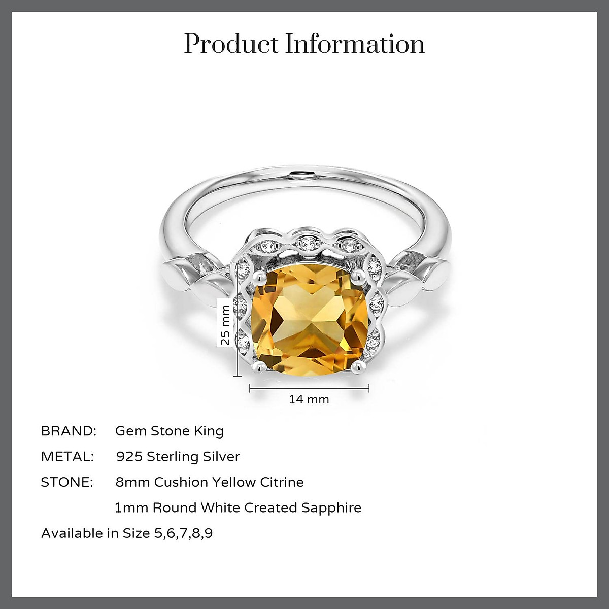 Gem Stone King 925 Sterling Silver 8MM Cushion Gemstone Birthstone and White Created Sapphire Engagement Ring | Wedding Engagement Anniversary Promise Ring For Women