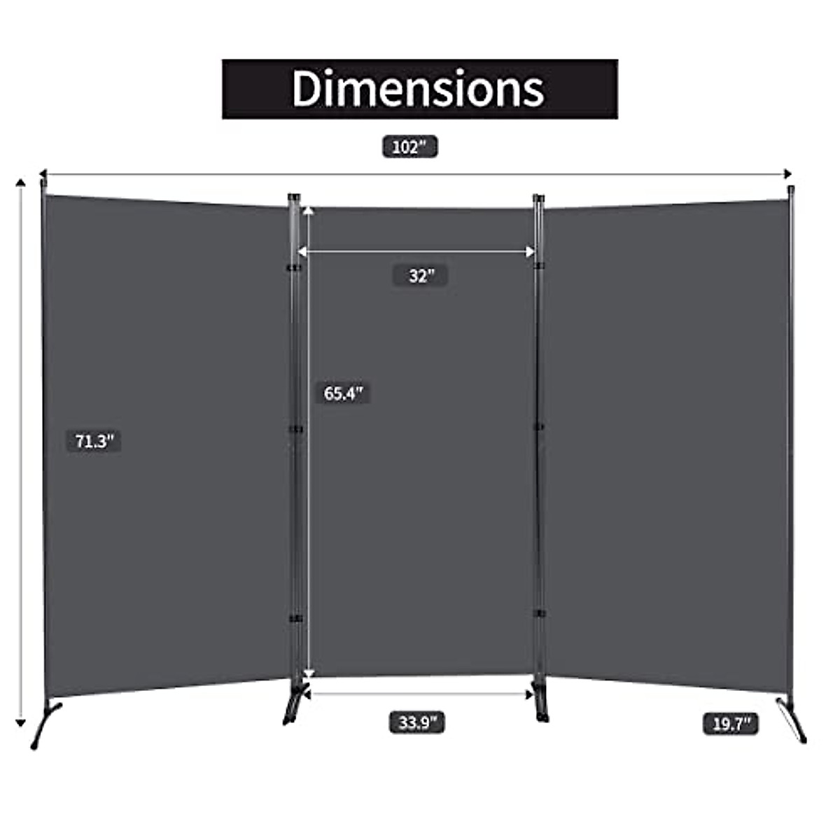 JVVMNJLK Indoor Room Divider,Portable Office Divider,Convenient Movable(3-Panel),Folding Partition Privacy Screen for Bedroom,Dining Room, Study,102" W x 19.7" D x 71.3" H,Dark Gray