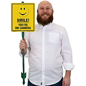 SmartSign 12 x 10 inch “Smile - You're On Camera” Yard Sign with 3 foot Stake, 40 mil Aluminum 3M Laminated Engineer Grade Reflective Material, Black and Yellow, Set of 1, Made in USA