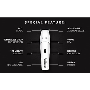 Gentlemen Republic Liner Professional Trimmer - 120 Minutes Runtime, Magnetic Linear Motor, Cordless Quiet Hair Trimmer for Barbers and Stylists with Black Diamond Carbon DLC Blade, White