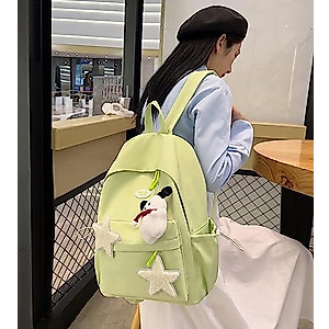 JHTPSLR Preppy Backpack Patches Stars Y2K Aesthetic Backpack with Plushies Cute Kawaii Backpack Supplies Book Bags Casual Daypack (Green)