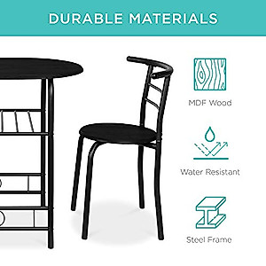 Best Choice Products 3-Piece Wooden Round Table & Chair Set for Kitchen, Dining Room, Compact Space w/Steel Frame, Built-in Wine Rack - Black