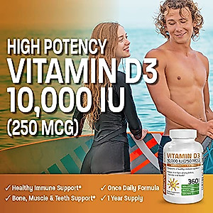 Bronson Vitamin D3 10,000 IU (250 mcg) High Potency - Supports Healthy Immune System, Strong Bones, Muscles & Teeth - Non GMO, 360 Softgels (1 Year Supply)