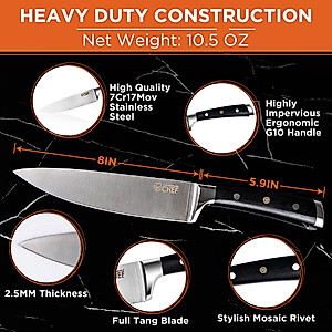 Commercial CHEF Professional Chef Knife with Sharpener - 8 Inch Chef's Knives - Well Balanced Full Tang Ultra Sharp Kitchen Knife - High Carbon Stainless Steel - Long Lasting Cooking Knife - Gift Box