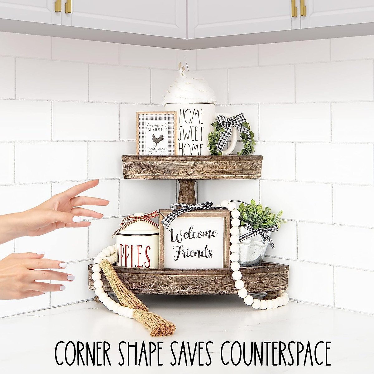 Corner Round Tiered Tray Stand 2 Tier Tray Stand Small Farmhouse Kitchen Decor Coffee Corner Counter Shelf Kitchen Counter Farmhouse Decor Rustic Home Decor Brown Wood Wooden Two Tiered Tray Decor