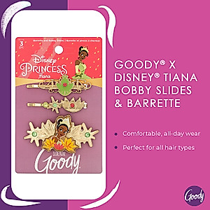 GOODY Bobby Pin and Barrette Set - Disney Princess, Tiana - Slideproof Rhinestone Bobbies - Hair Accessories for Men, Women, Boys & Girls - Style With Ease & Keep Your Hair Secured - All Hair Types