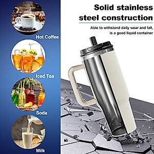 Klickpick Home 40 Ounce Stainless Steel Vaccum Insulated Thermal Tumbler With Handle Lid 2 straws, Reusable Travel Coffee Mug Cup Cupholder friendly, Keeps cold for 30 H, 100% Leakproof (Cream)