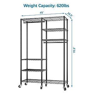 VIPEK R4i Portable Closets Heavy Duty Garment Rack Adjustable Rolling Clothes Rack with 6 Tiers Metal Wire Shelving, Double Rods, Lockable Wheels, Freestanding Wardrobe Closet Storage Rack, Black