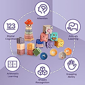 Oueyes Montessori Toys for Babies 6-12 Months Baby Toys 4 in 1 Baby Blocks Soft Stacking Building Blocks Rings Balls Sets Baby Sensory Toys 6-12 Months Infants Teething Toys