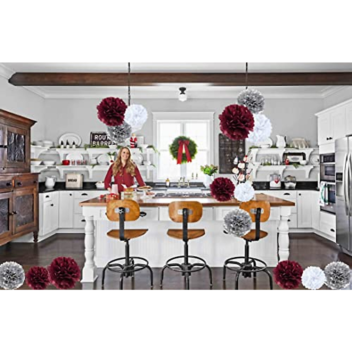 Decorations 2022 Maroon Graduation/Burgundy Silver White Birthday Decorations for Women 40th/50th Birthday 12 Tissue Paper Pom Poms Maroon Burgundy Silver Wedding/Bridal Shower Retirement Decorations