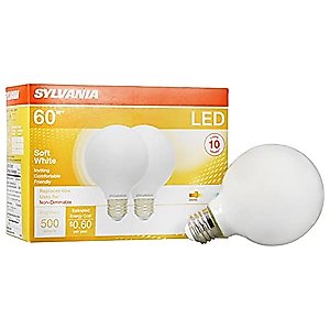SYLVANIA G25 Globe Décor LED Light Bulb, 60W Equivalent Efficient 5W, 10 Year, Non-Dimmable, 500 Lumens, 2700K, Soft White, Frosted - 2 Pack (40215)