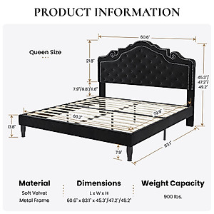 SHA CERLIN Queen Bed Frame with Adjustable Headboard/Velvet Upholstered/Diamond Button Tufted and Metal Studs/No Box Spring Needed/Wood Slat Support/Easy Assembly/Black