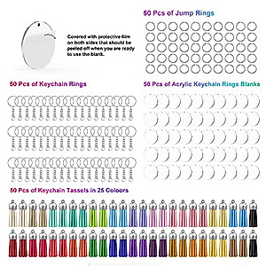 JIARON Acrylic Blank Keychains, 200Pcs Acrylic Blank Keychain kits with 50 Pcs Acrylic Keychain Blanks, 50 Pcs Keychain Tassels 50 Pcs Key Rings with Chain and 50 Pcs Jump Rings for DIY Keychain