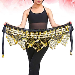ARTIBETTER Bellydance Hip Scarf with Gold Coins Skirts Wrap Belly Dancing Hip Scarf for Zumba Yoga Class (Black, Free Size)