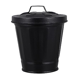 UKCOCO White Desk Metal Trash Can with Lid Wastebasket Small Buckets Tinplate Tin Pails Tabletop Storage Containers Organizer for Home Office Bathroom Kitchen Party Favors Black Recycle Bin