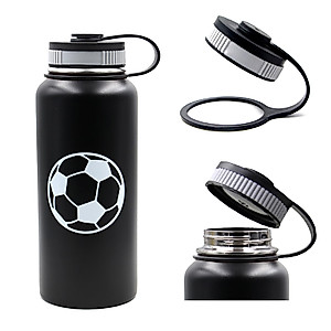 32oz Soccer Water Bottle, Wide Mouth Sports Flask with 2 Lids Straw Lid and Flex Cap, Stainless Steel Double Wall Vacuum Leak Proof Insulated Sports Water Bottles (32oz, Soccer)
