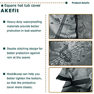 AKEfit Square Outdoor Hot Tub Cover-Waterproof SPA Covers for Hot Tub,Heavy Duty 600D Polyester Hot Tub Cover Protector, Windproof SPA Cover Fits 95''x 95'',Grey