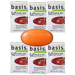 Basis Vitamin Bar Soap - Cleans and Softens with Vitamin C, E, and B5 – Use for Body Wash or Hand Soap – Pack of 6 Bars