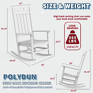 POLYDUN Outdoor Rocking Chair, Looks Like Wood, High Back Poly Lumber Patio Rocker Chair, 365Lbs Support, All-Weather Porch Rocking Chair for Lawn, Backyard, Indoor, Garden, White