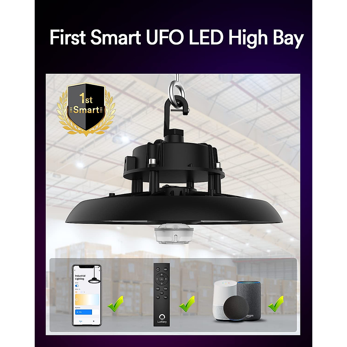 Lumary 22,000Lm Smart Aluminium UFO LED High Bay Light w/Remote, 2700K-6500K Dimmable 150W, Work with Alexa/Google - Hub Required, LED Shop Lights for Hanging Garage Workshop Factory Gym Barn
