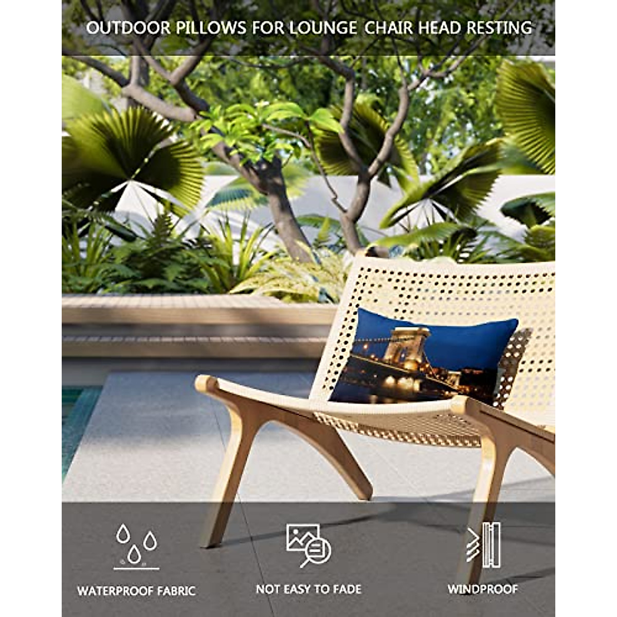 Prime Leader Recliner Head Pillow Ledge Loungers Chair Pillows with Insert Modern Dark Blue Sky Building Bridge Night Scene Lumbar Pillow with Adjustable Strap Outdoor Waterproof Patio Pillows, 2 PCS