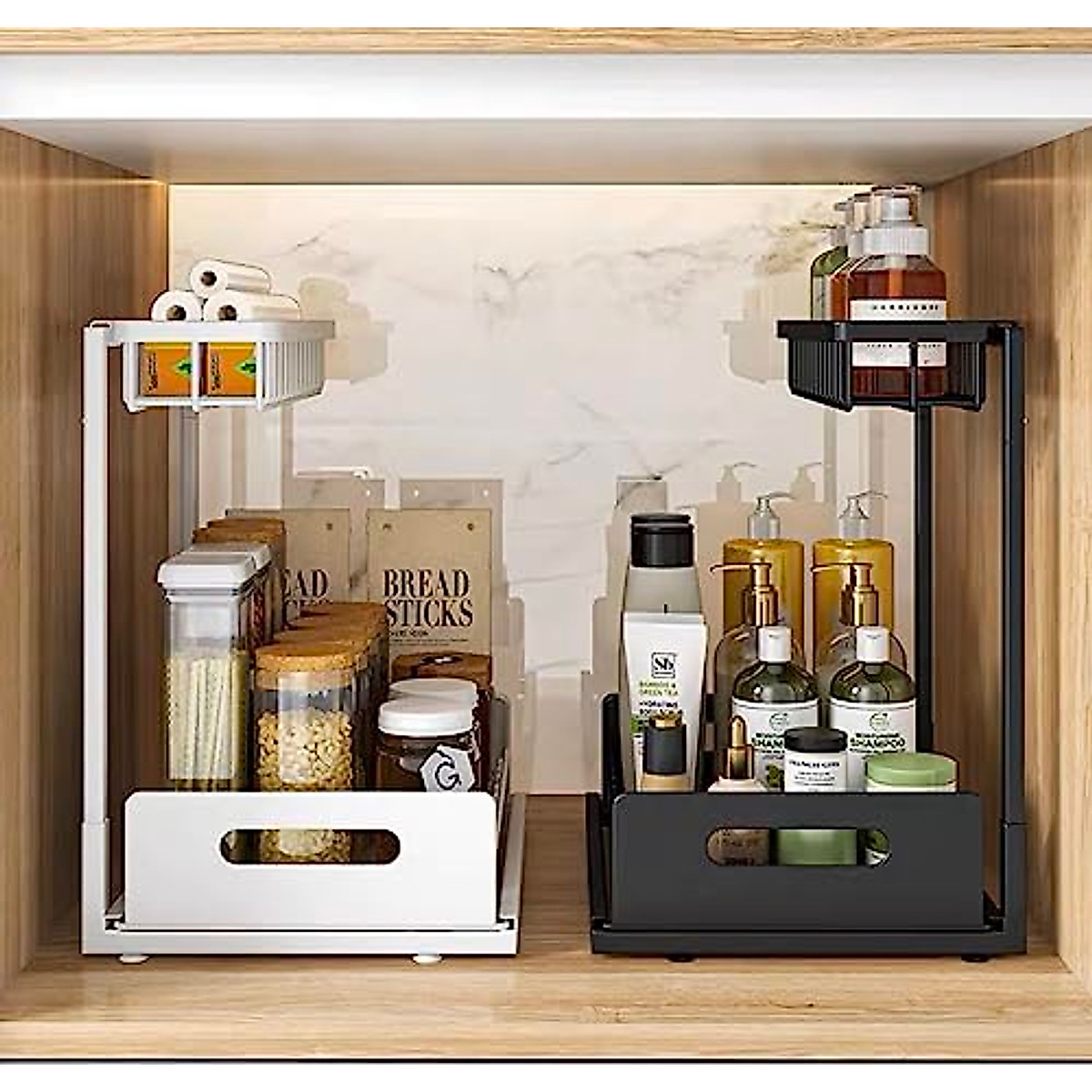 Under Sink Organizer,Metal Pull Out Kitchen Cabinet Organizer with Sliding Drawer,Sturdy Multi-Functional for Bathroom Organization,Black