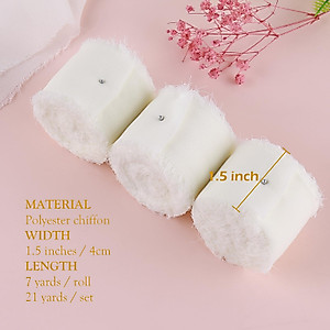 GLAMFIELDS Chiffon Ribbon Fringe Fabric Set 1.5" x 21Yd for Bouquets Wrapping, Wedding Invitations, Decorations, Gifts Wrapping & Bow Making,3 Rolls Cream White