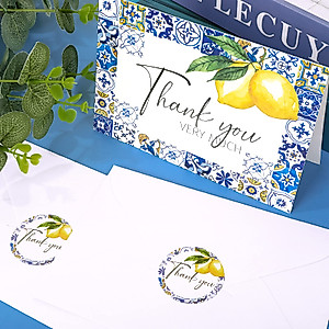 AnyDesign Lemon Thank You Cards Bulk 24 Pack Thank You Note Cards with Matching Seal Stickers Envelopes Blue Tiles Lemon Greeting Cards for Baby Shower Wedding Birthday Bridal Party and All Occasion