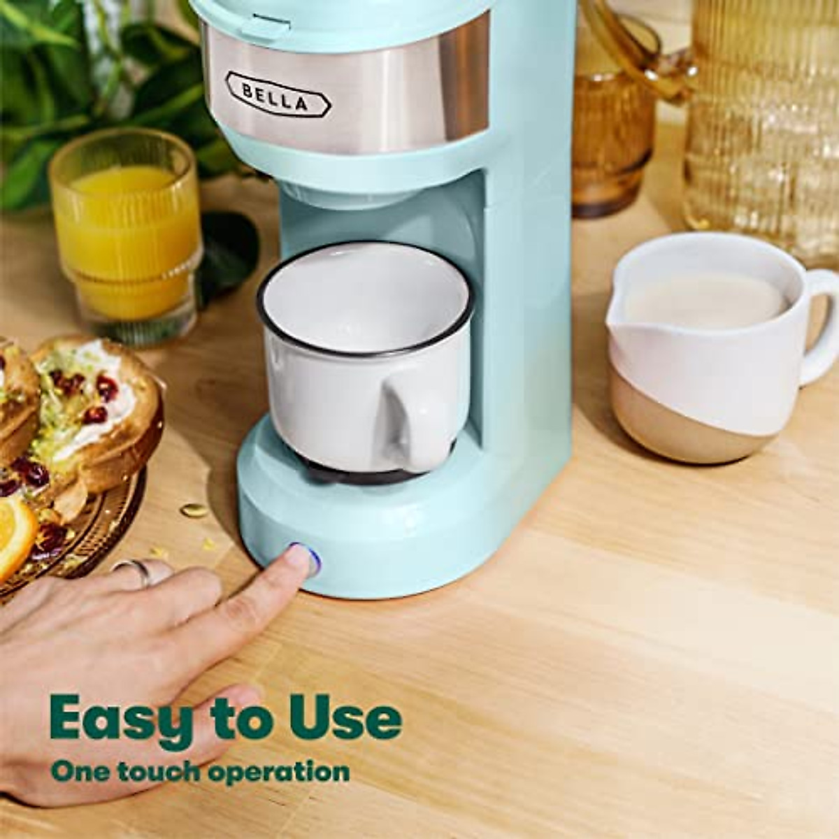 BELLA Dual Brew Single Serve Coffee Maker, K-cup Compatible with Ground Coffee Basket & Adapter - Carefree Auto Shut Off & Adjustable Tray, 14oz, Aqua