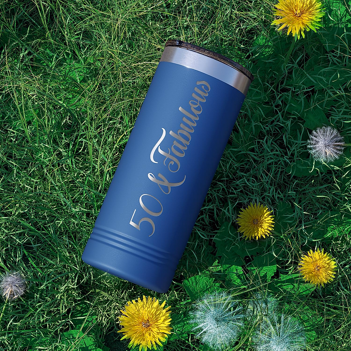 50 & Fabulous 22 oz Skinny Tumbler 50th Birthday Gifts For Women on Blue Decorations Funny Present Vacuum Insulated Cup