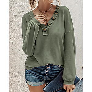 BTFBM Women Long Sleeve Shirts Fall Fashion 2025 V Neck Loose Casual Blouse Deco Button Lightweight Waffle Knit Pullover(Army Green, Small)