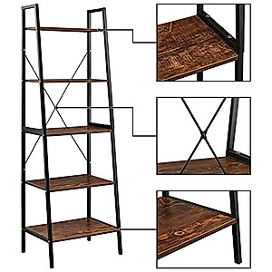 ALIMORDEN Heavy Duty Retro Ladder Shelf, 5 Tier Industrial Bookshelf with Wood Pattern , 21.6 x 15.3 x 67 Inches, Rustic Brown