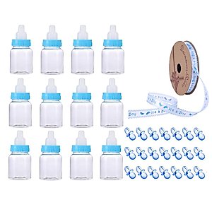 12 Pack Candy Bottles 10 Yards Ribbon and 48 Pack Acrylic Mini Pacifiers for Baby Shower Party Favors Decorations and Supplies by WeddParty (Blue A, 12)