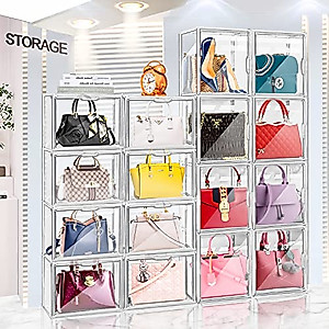 DILIBRA Set of 4 Plastic Purse Storage Organizer for Closet, Acrylic Display Case for Purse and Handbag, Stackable Storage Boxes Organizer with Magnetic Door for Clutch Wallet Book Toys