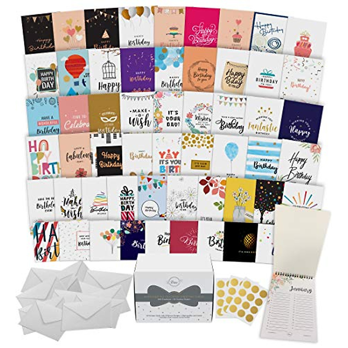 Dessie Unique Birthday Cards Assortment with Generic Birthday Greetings Inside. Suitable For Men, Women and Kids. Includes Envelopes and Gold Stickers, 60 Cards