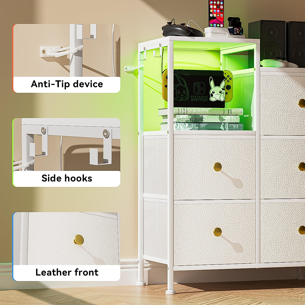 YILQQPER Dresser for Bedroom, Dresser with Led Light and Charging Station, Fabric Dressers&Chests of Drawers with 5 Drawers and Shelf, Storage Unit Organizer Tower, White