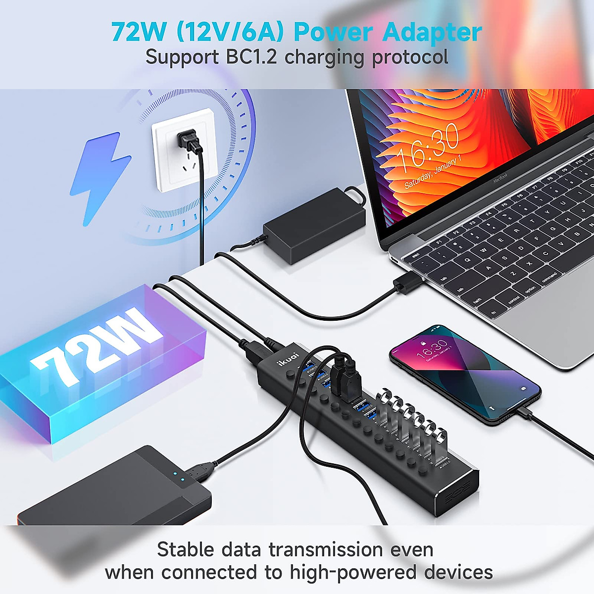 ikuai SATA to USB 3.0 Multi-function Dual Bay Hard Drive Dock+ 13 Port USB 3.0 Aluminum Hub with 72W (12V/6A) Power Adapter