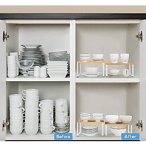 NEX Bamboo Kitchen Cabinet and Counter Shelf Organizer, Stackable & Expandable, White and Natural