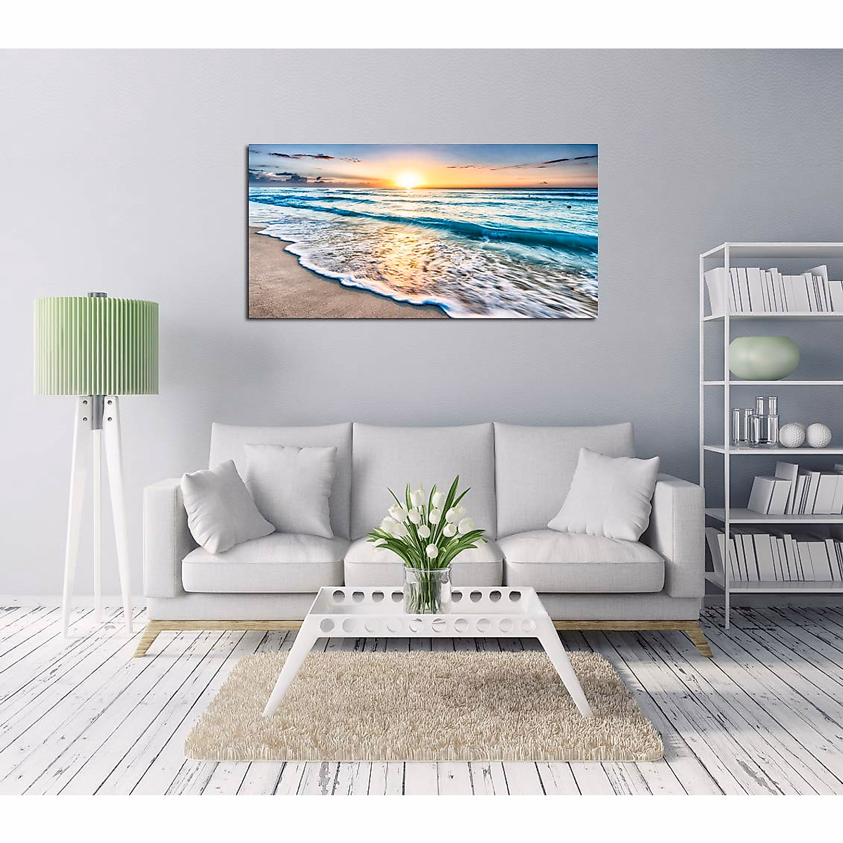 Baisuart S02250 Canvas Prints Wall Art Beach Sunset Ocean Waves Nature Pictures Stretched Canvas Wooden Framed for living Room Bedroom and Office
