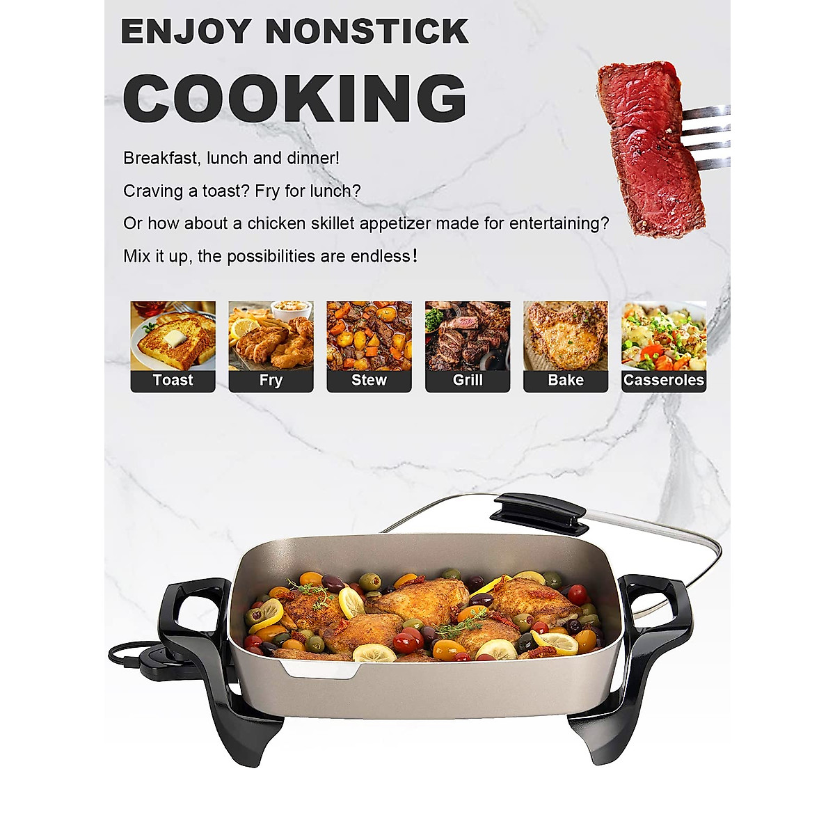 Ceramic Nonstick 16-inch Electric Skillets - Tempered Glass Cover with Stay Cool Handle, Esay Cleaning
