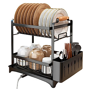 Santentre 2-Tier Dish Drying Rack with Removable Utensil Holder, Over Sink Dish Drying Rack for Space Saver, Dish Drainers for Kitchen Counter, Rust Resistant Stainless Steel Dish Rack, Black