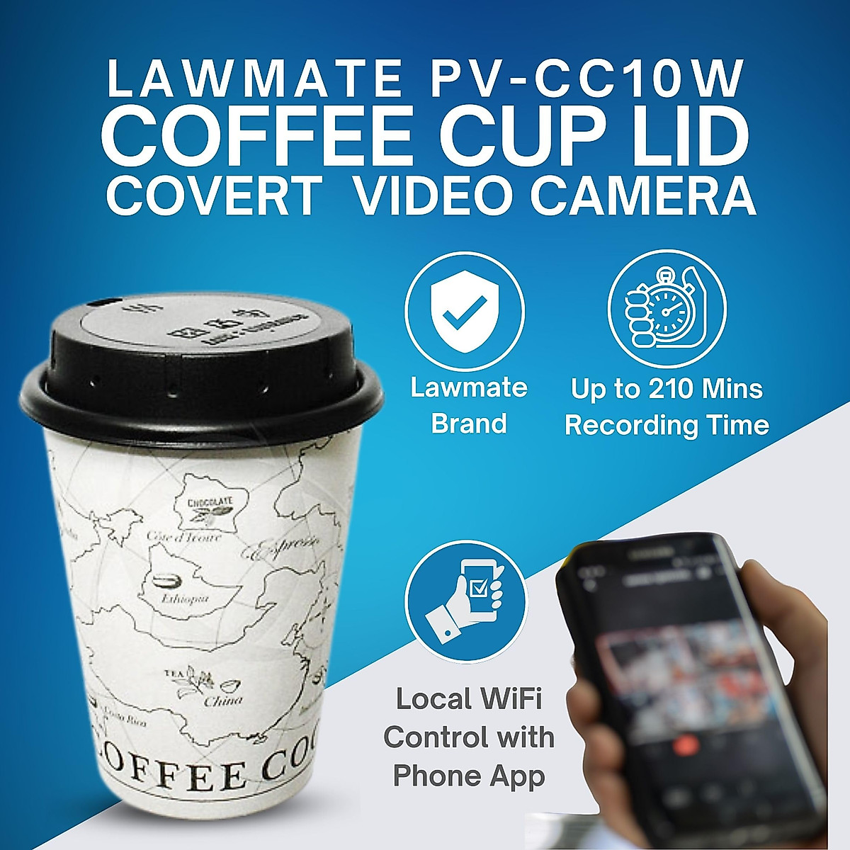 Lawmate PV-CC10W outdoor 1080P Covert Coffee Cup Lid Camera DVR with WiFi with 32GB Micro SD Card, 720p