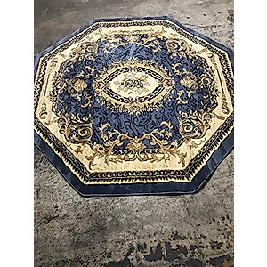 Traditional Octagon Oriental Floral Aubusson Area Rug Persian Light Blue Burgundy Beige Design 602 (4 Feet X 4 Feet)