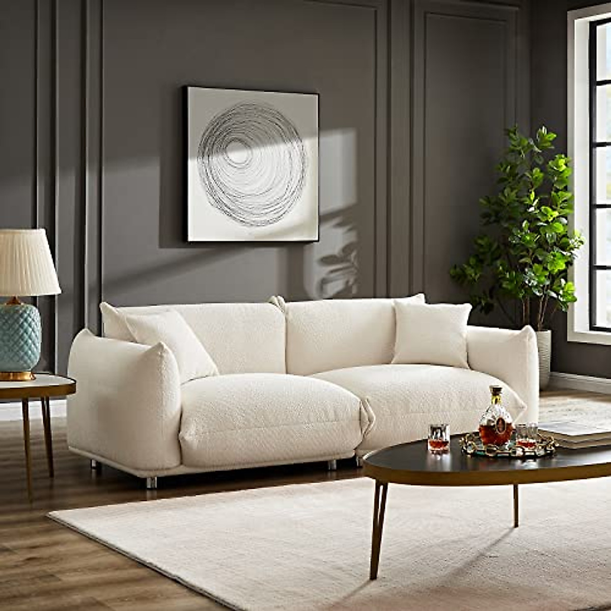 Hommoo Mid Century Modern Couch for Living Room Bedroom，Soft Loveseat Sofa, Sherpa Sofa with Metal Legs, Comfy Couch, 87" W Small Couch for Small Space with Pillows White