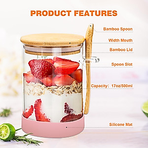 JinhzWin 4 Packs Overnight Oats Containers with Lids, 17 Oz Oats Overnight Glass Jar with Bamboo Spoon, Large Capacity Jars with 4 Colors Silicone Mats for Cereal Fruit Vegetable Yogurt Milk Salad